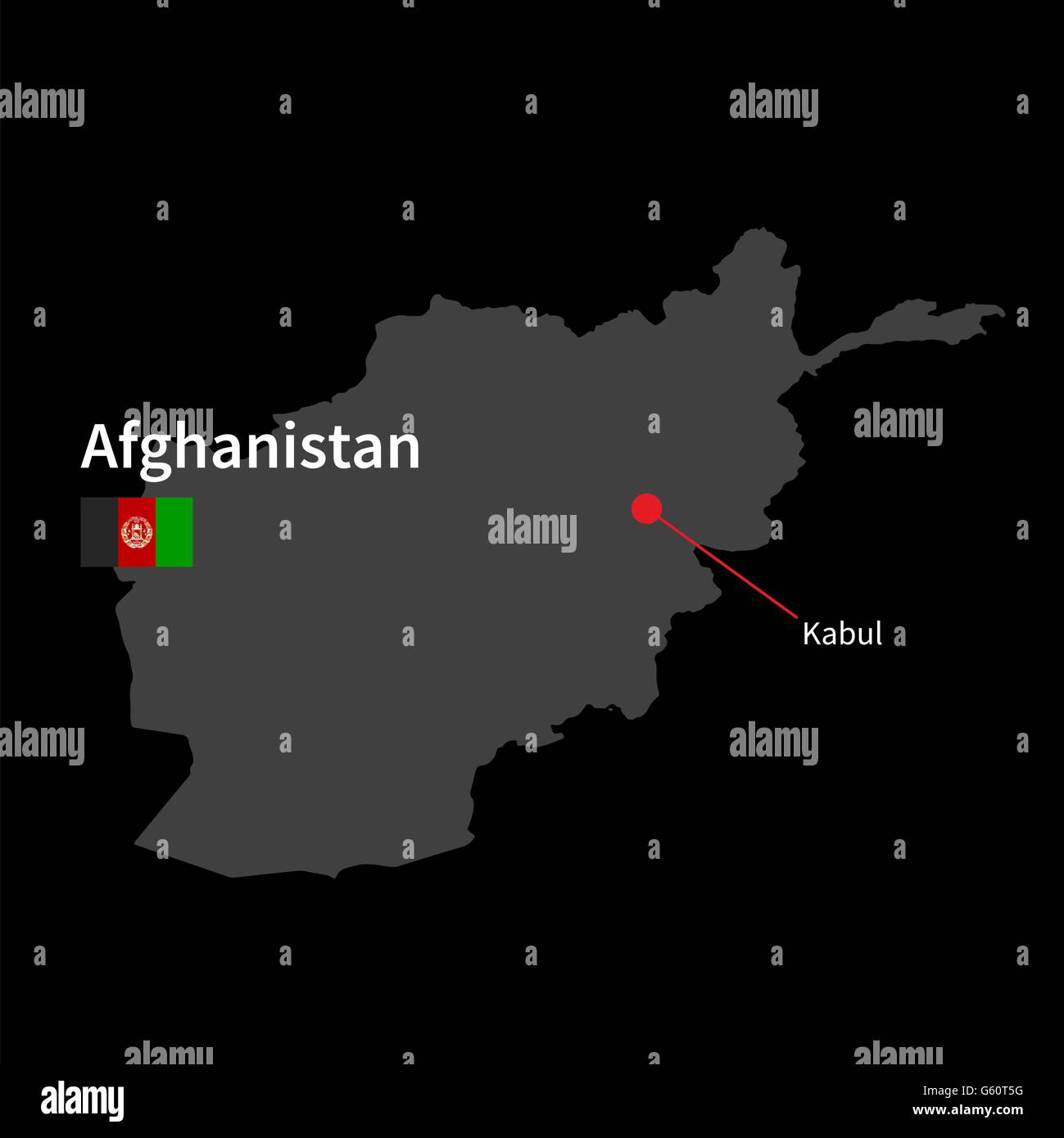 Detailed map of Afghanistan and capital city Kabul with flag on black ...