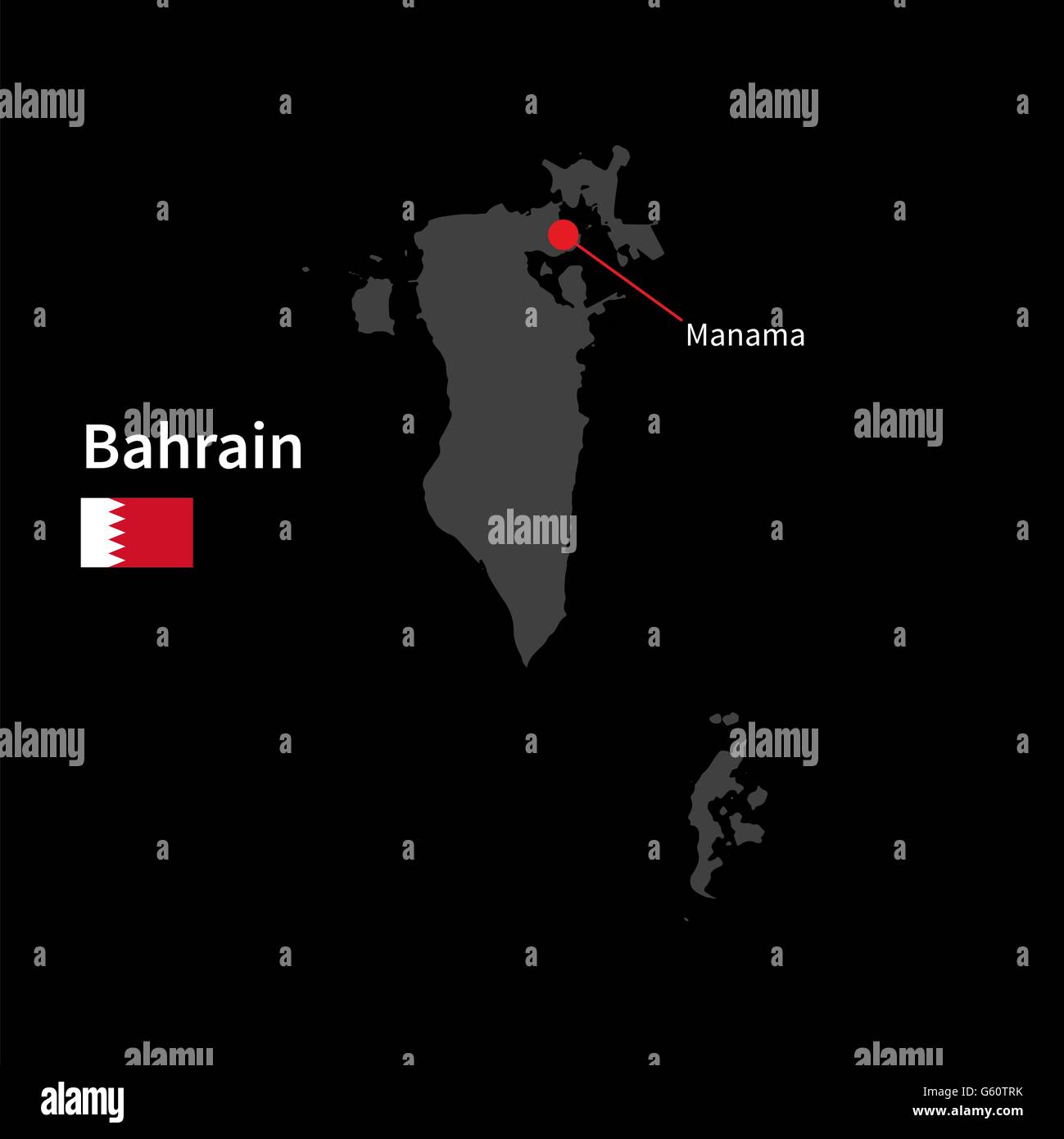 Detailed map of Bahrain and capital city Manama with flag on black ...