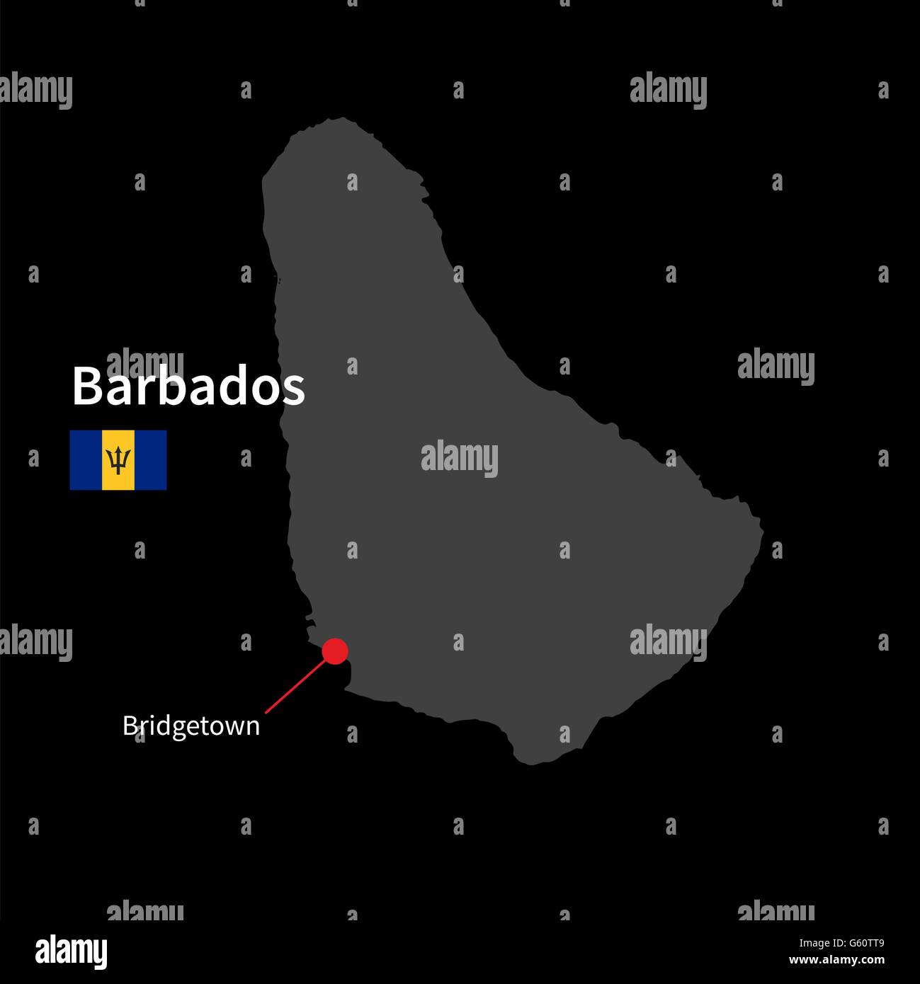 Detailed map of Barbados and capital city Bridgetown with flag on black ...