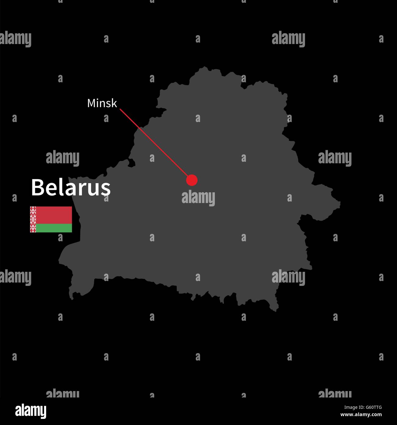 Detailed map of Belarus and capital city Minsk with flag on black ...