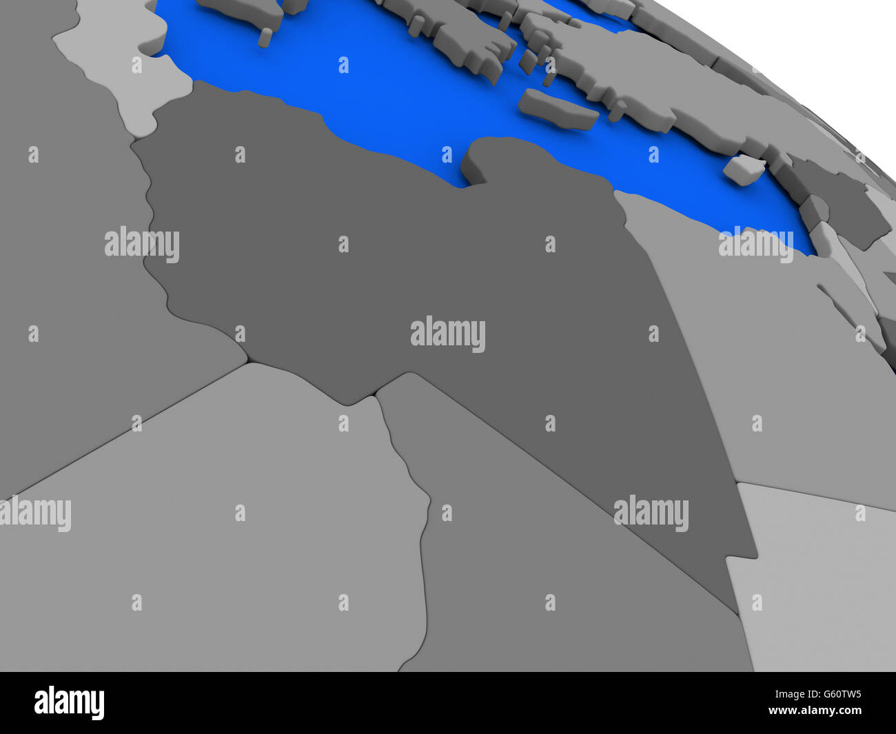Map of Libya on 3D model of Earth with countries in various shades of ...