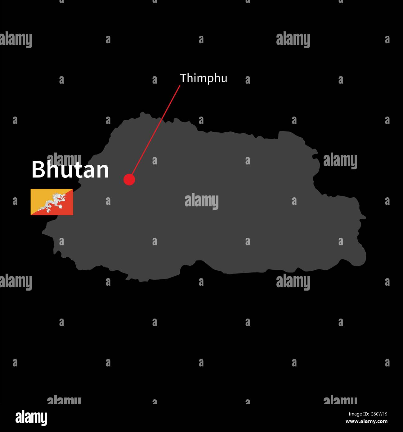 Detailed map of Bhutan and capital city Thimphu with flag on black background Stock Vector Image ...