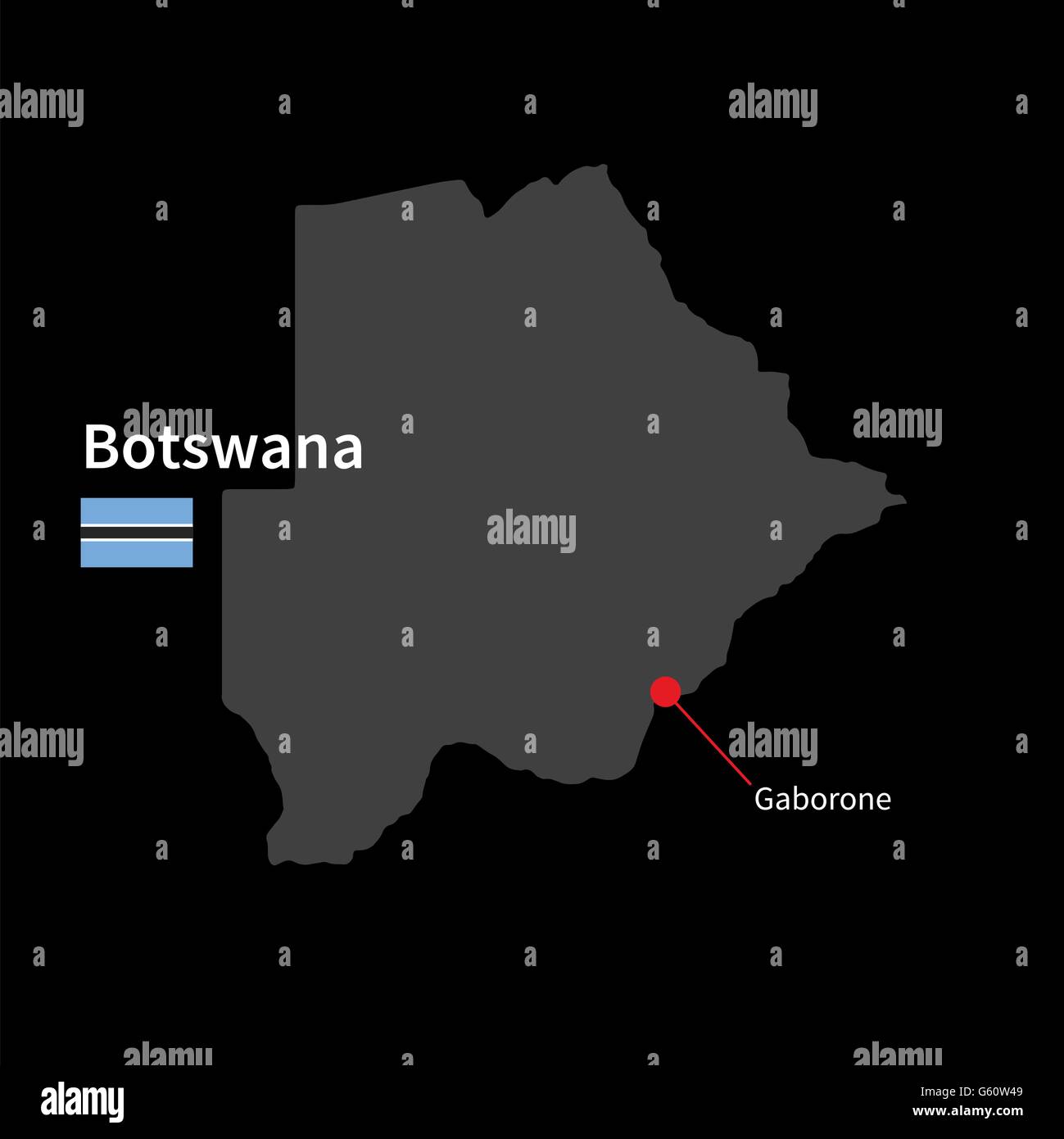 Detailed map of Botswana and capital city Gaborone with flag on black background Stock Vector ...