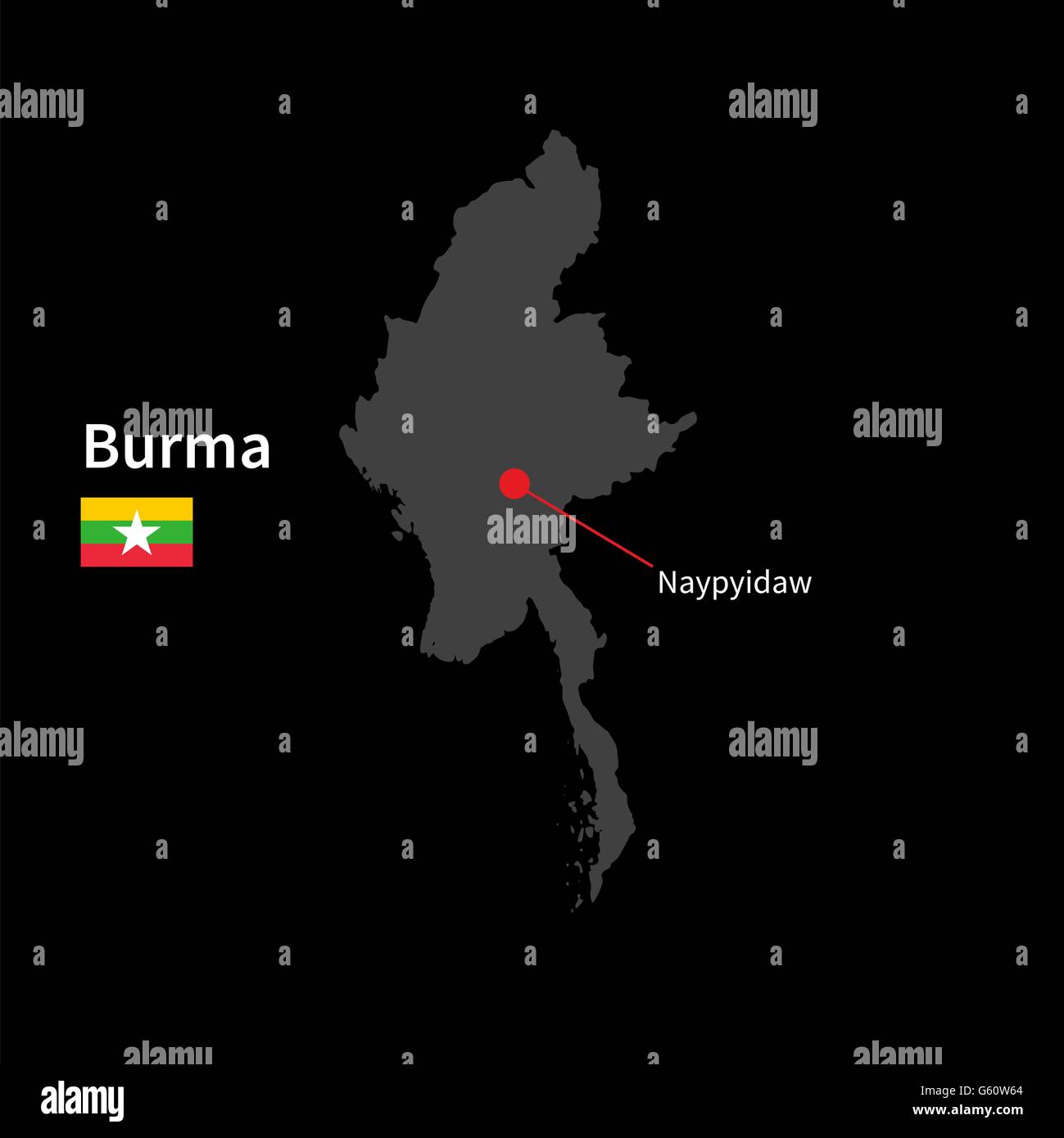 Detailed map of Burma and capital city Naypyidaw with flag on black background Stock Vector ...