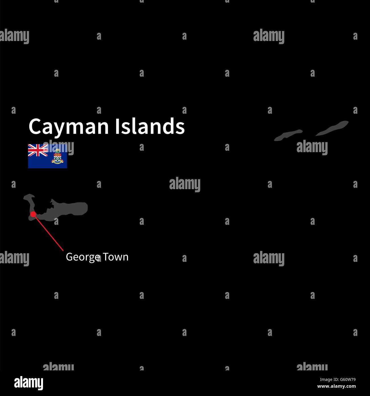 Detailed map of Cayman Islands and capital city George Town with flag ...
