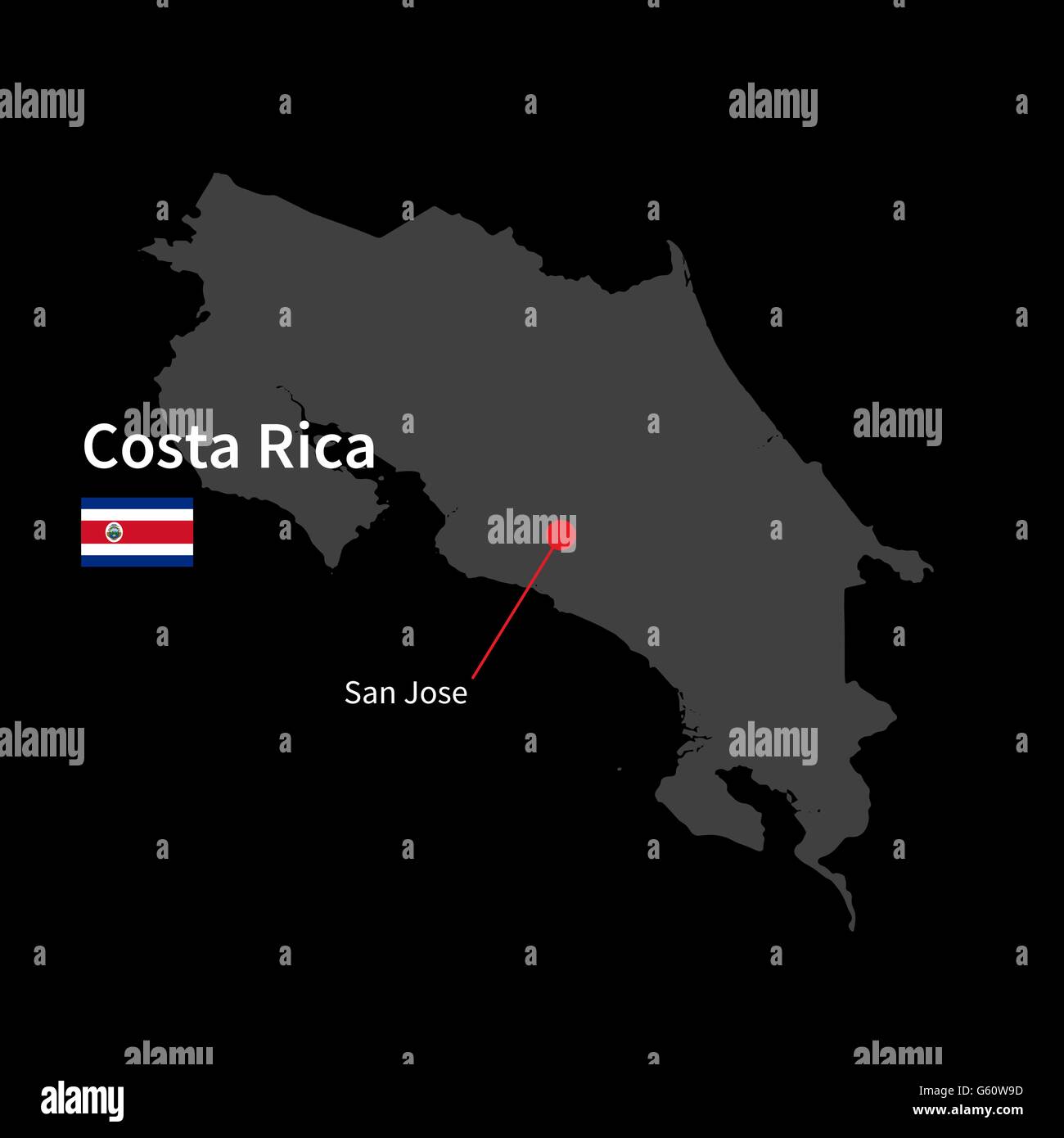Detailed map of Costa Rica and capital city San Jose with flag on black ...