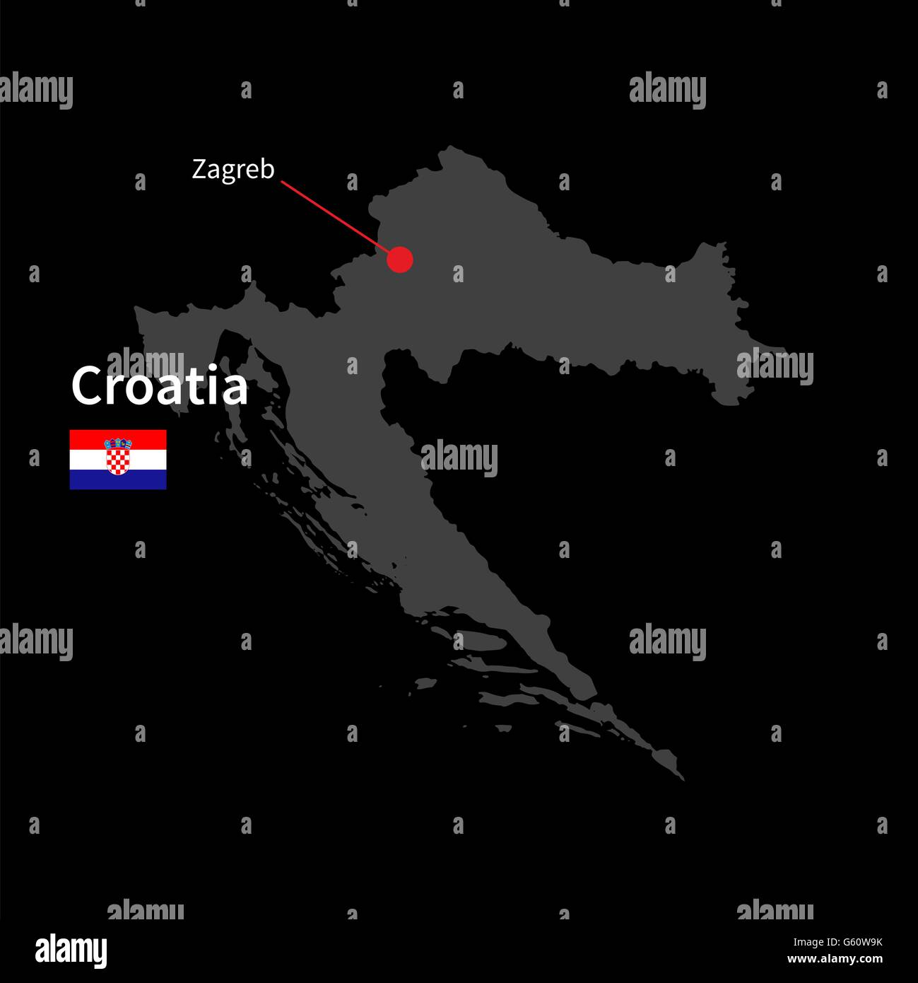 Detailed map of Croatia and capital city Zagreb with flag on black ...