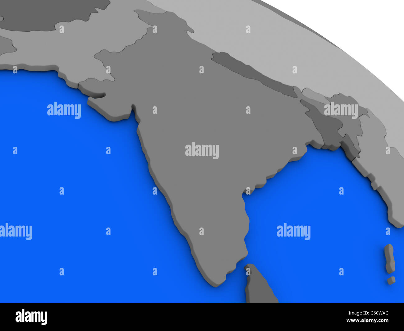 Map of India on 3D model of Earth with countries in various shades of ...