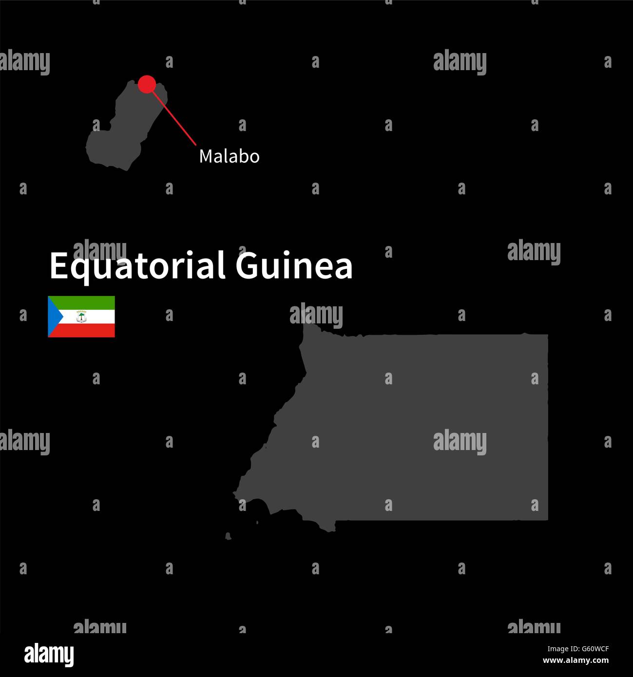 Detailed map of Equatorial Guinea and capital city Malabo with flag on ...