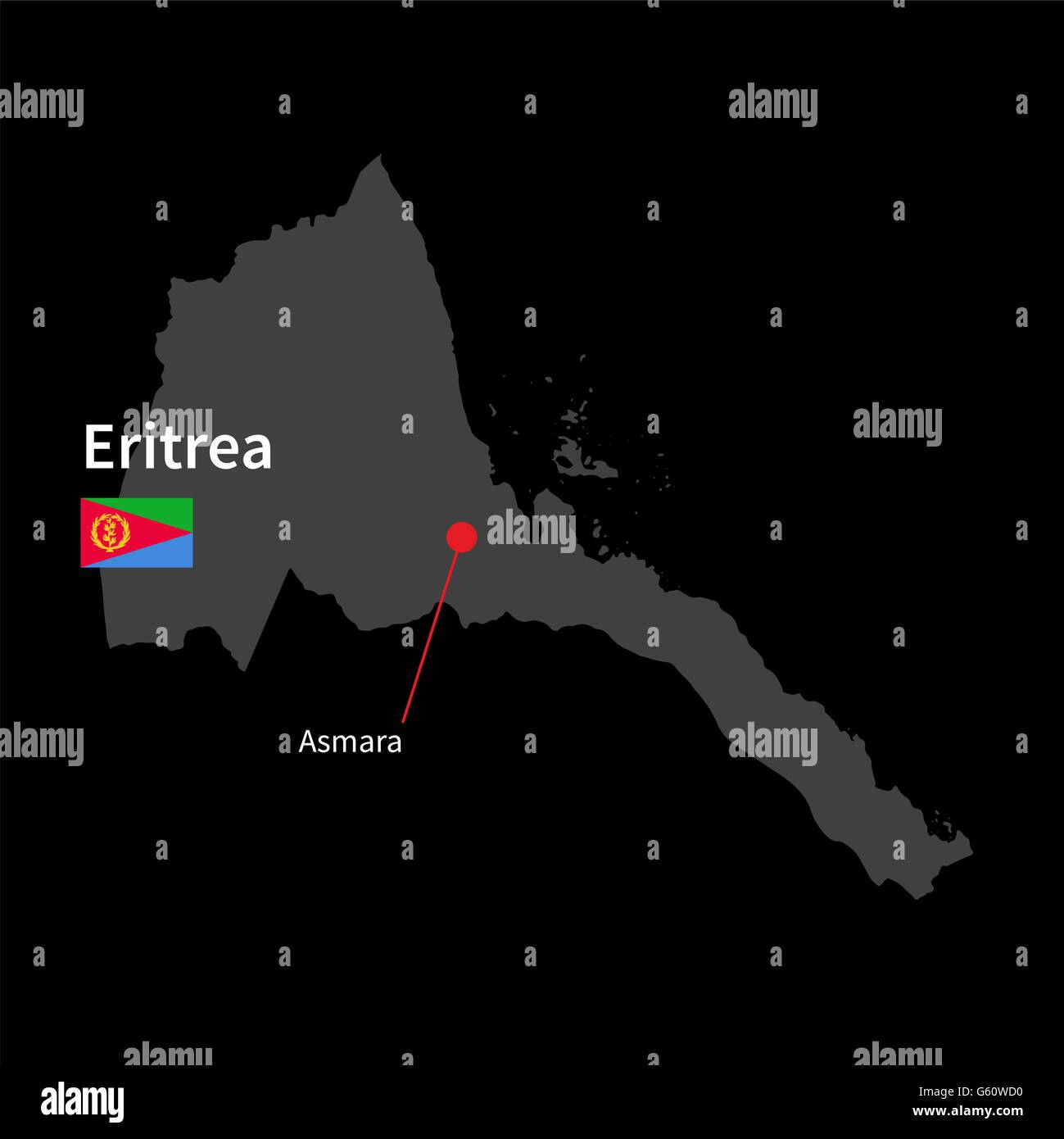 Detailed map of Eritrea and capital city Asmara with flag on black ...