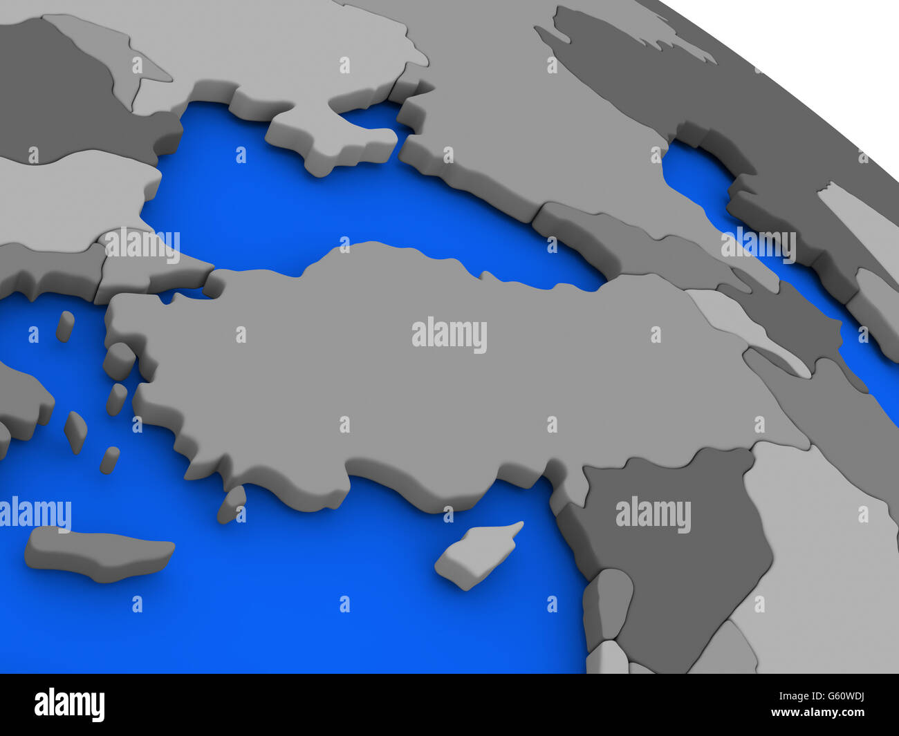 Map of Turkey on 3D model of Earth with countries in various shades of ...