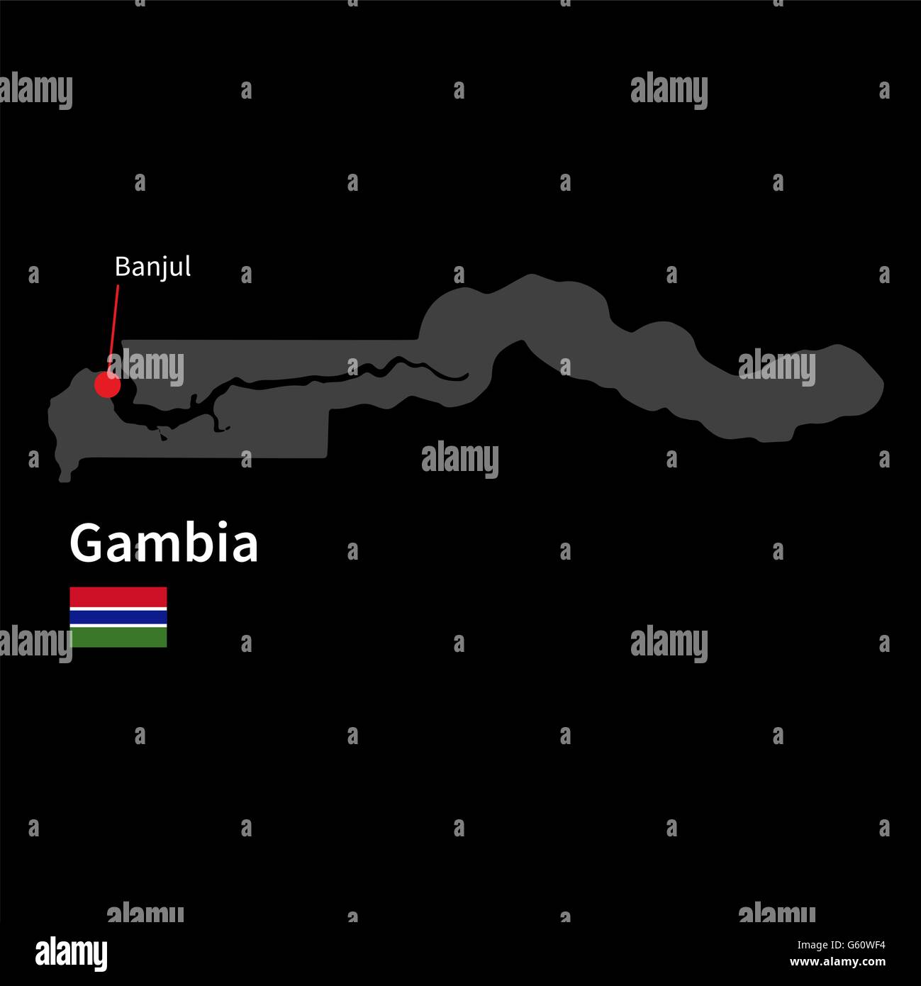Detailed map of Gambia and capital city Banjul with flag on black background Stock Vector Image ...