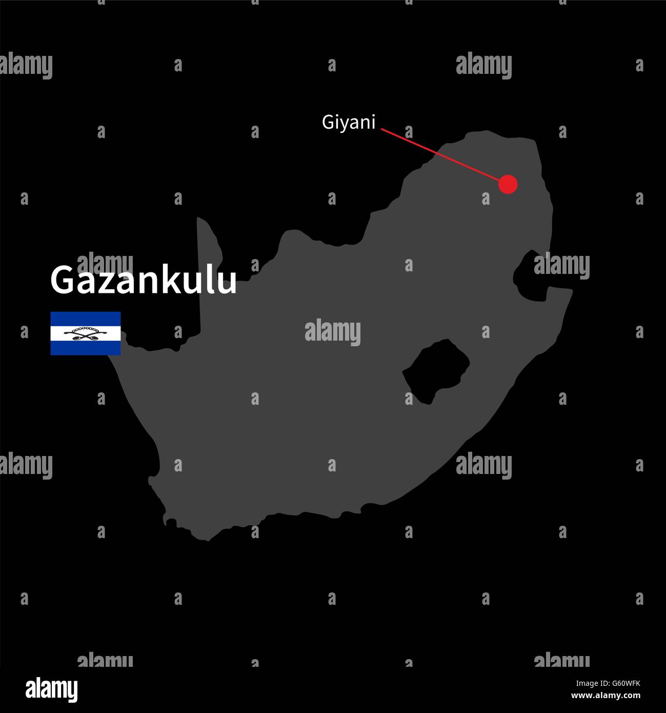 Detailed map of Gazankulu and capital city Giyani with flag on black ...