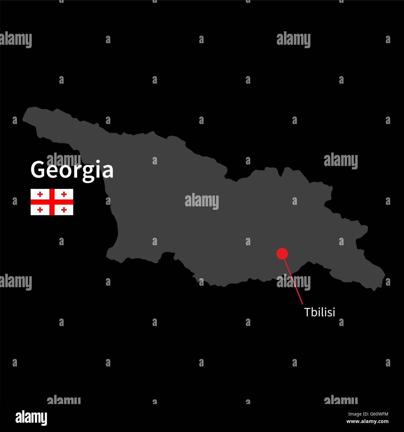 Detailed map of Georgia and capital city Tbilisi with flag on black ...