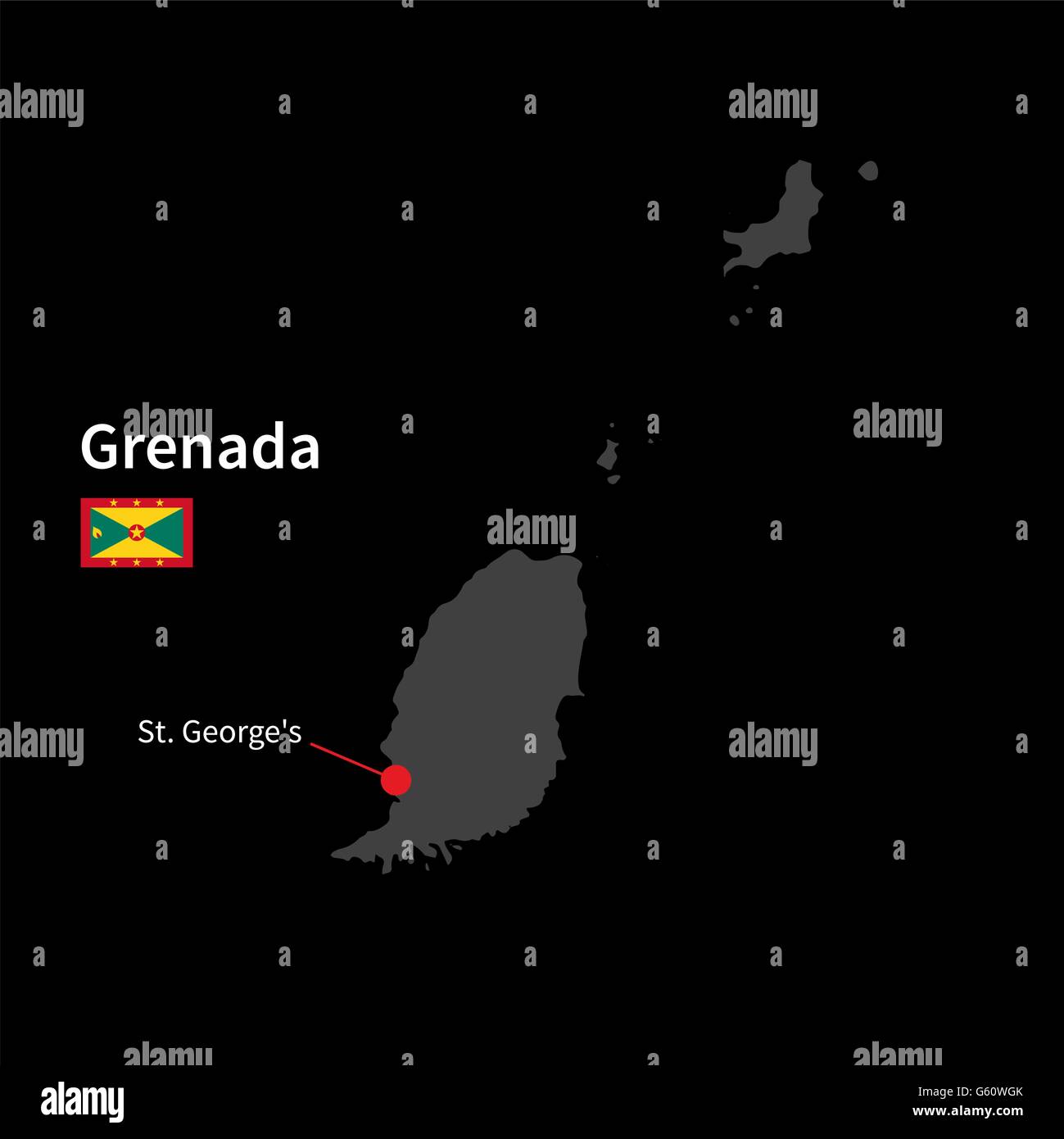 Detailed map of Grenada and capital city St. George's with flag on ...
