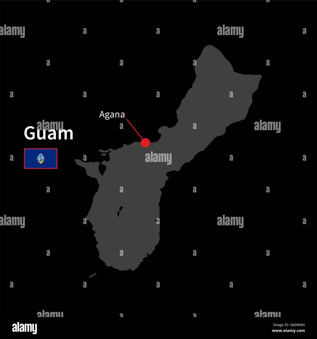 Detailed map of Guam and capital city Agana with flag on black ...