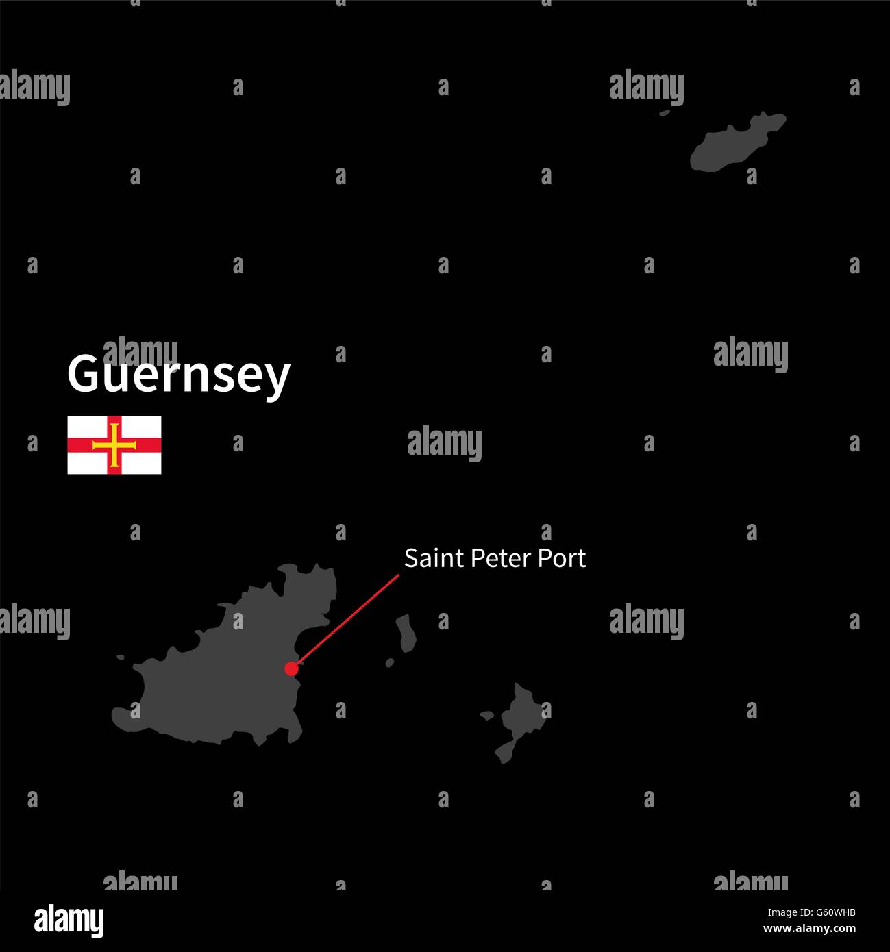 Detailed map of Guernsey and capital city Saint Peter Port with flag on ...