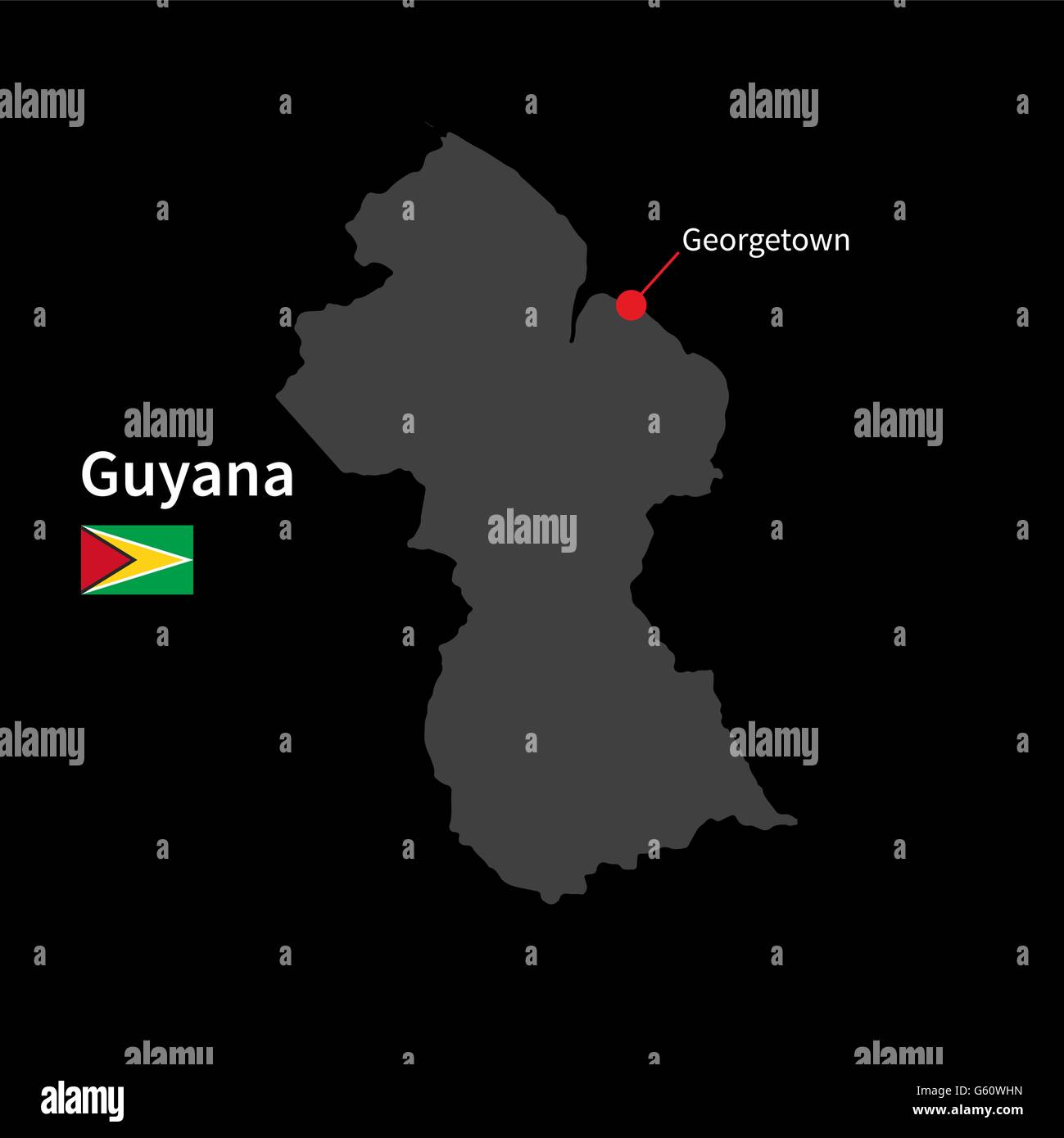 Detailed map of Guyana and capital city Georgetown with flag on black ...