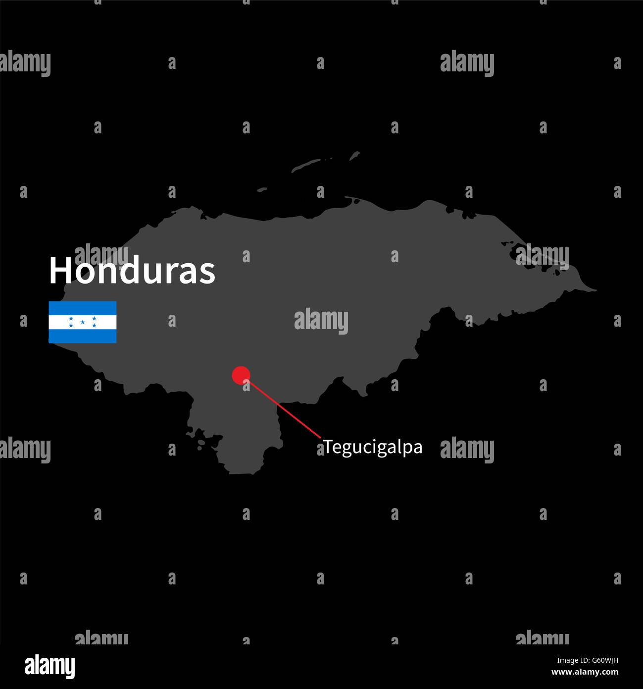 Detailed map of Honduras and capital city Tegucigalpa with flag on ...