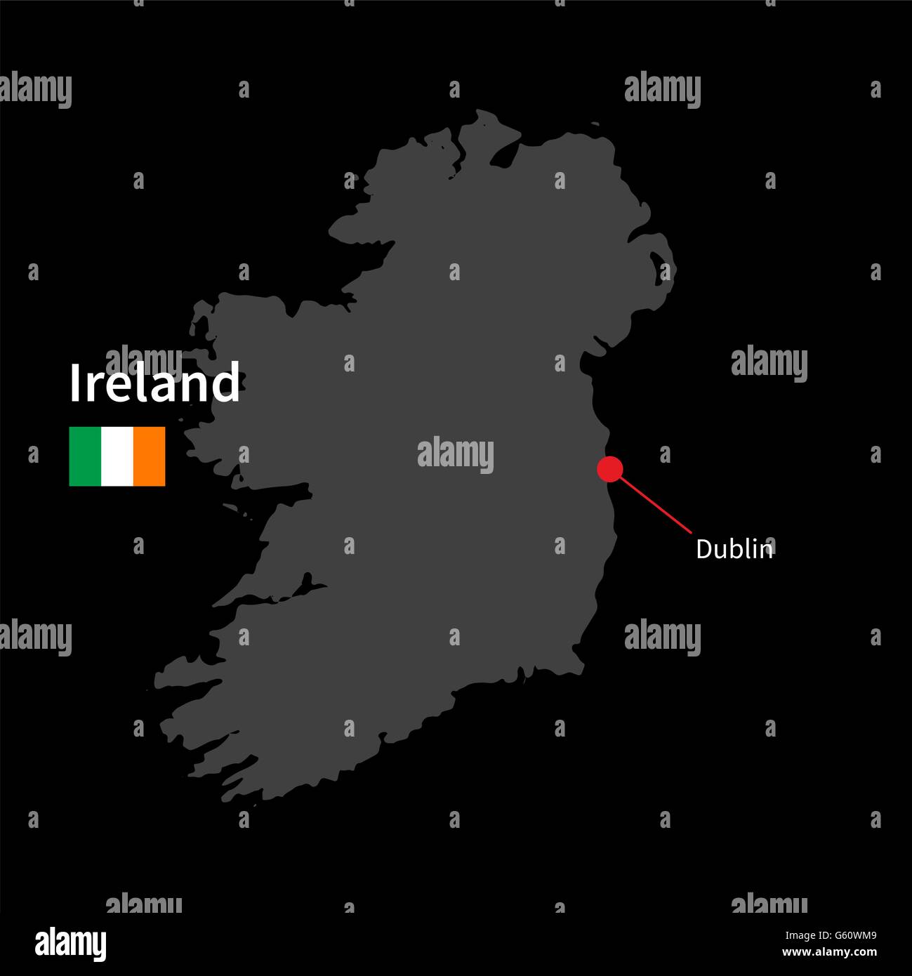Detailed map of Ireland and capital city Dublin with flag on black ...