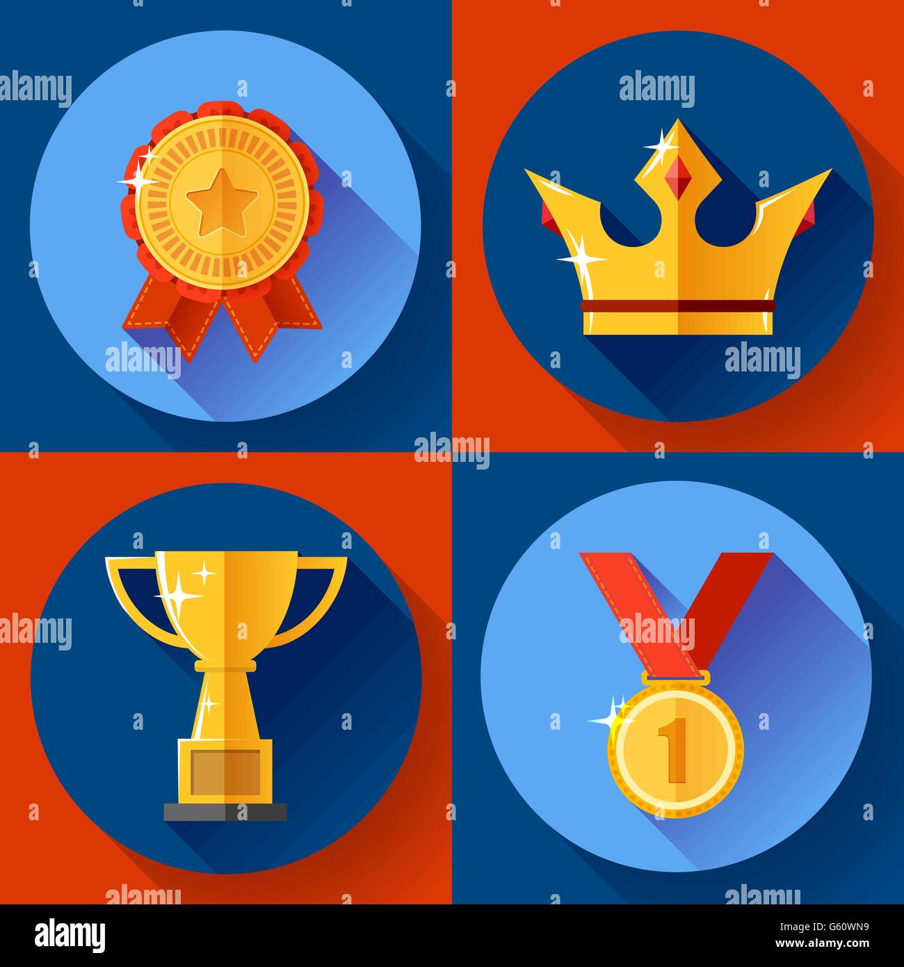 Icon set Golden victory symbols champion cup, crown, medal, badge. Flat ...