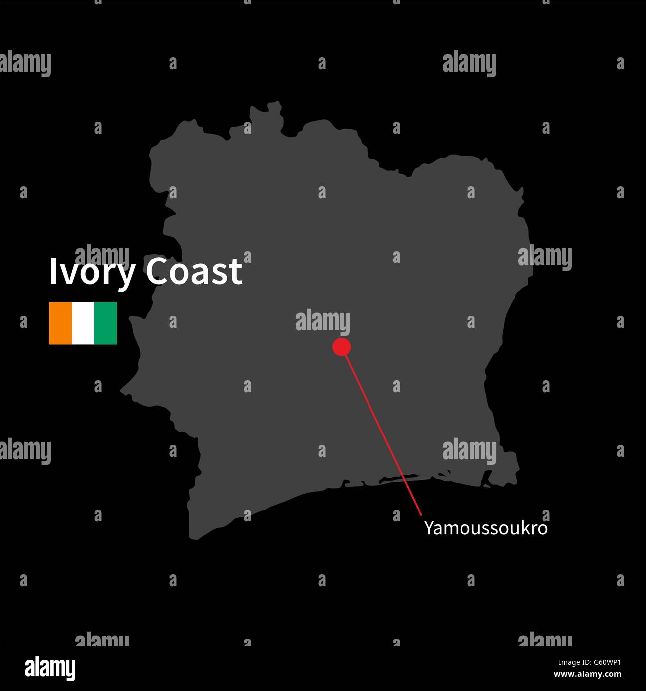 Detailed map of Ivory Coast and capital city Yamoussoukro with flag on ...