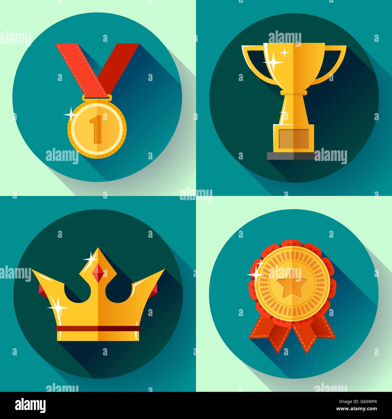 Icon set Golden victory symbols champion cup, crown, medal, badge Stock ...