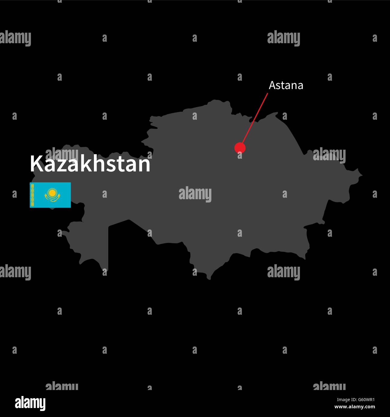 Detailed map of Kazakhstan and capital city Astana with flag on black ...