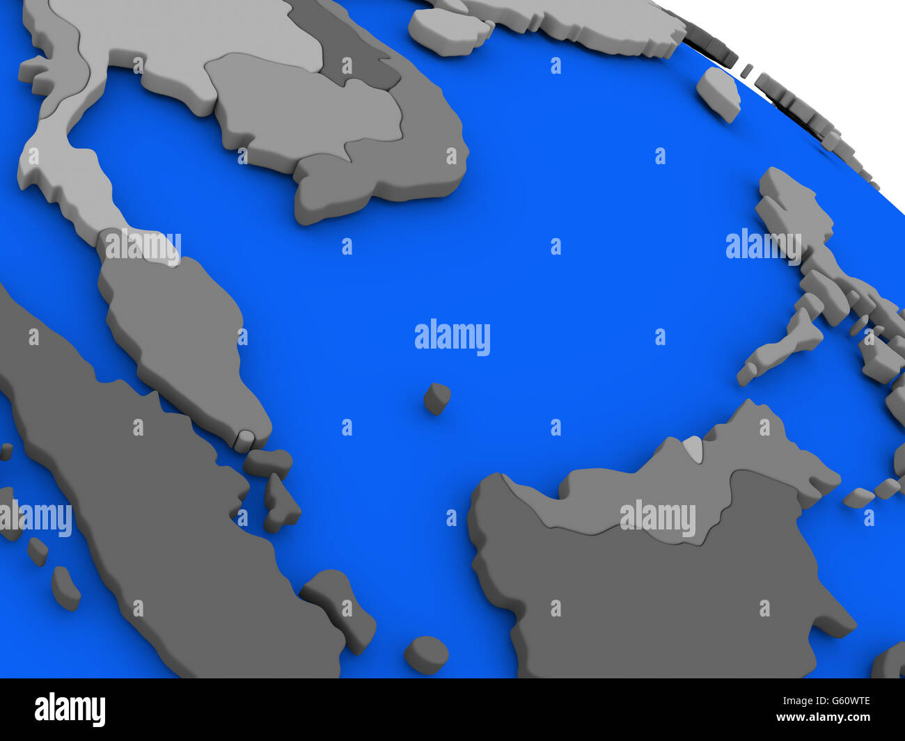 Map of Malaysia on 3D model of Earth with countries in various shades ...