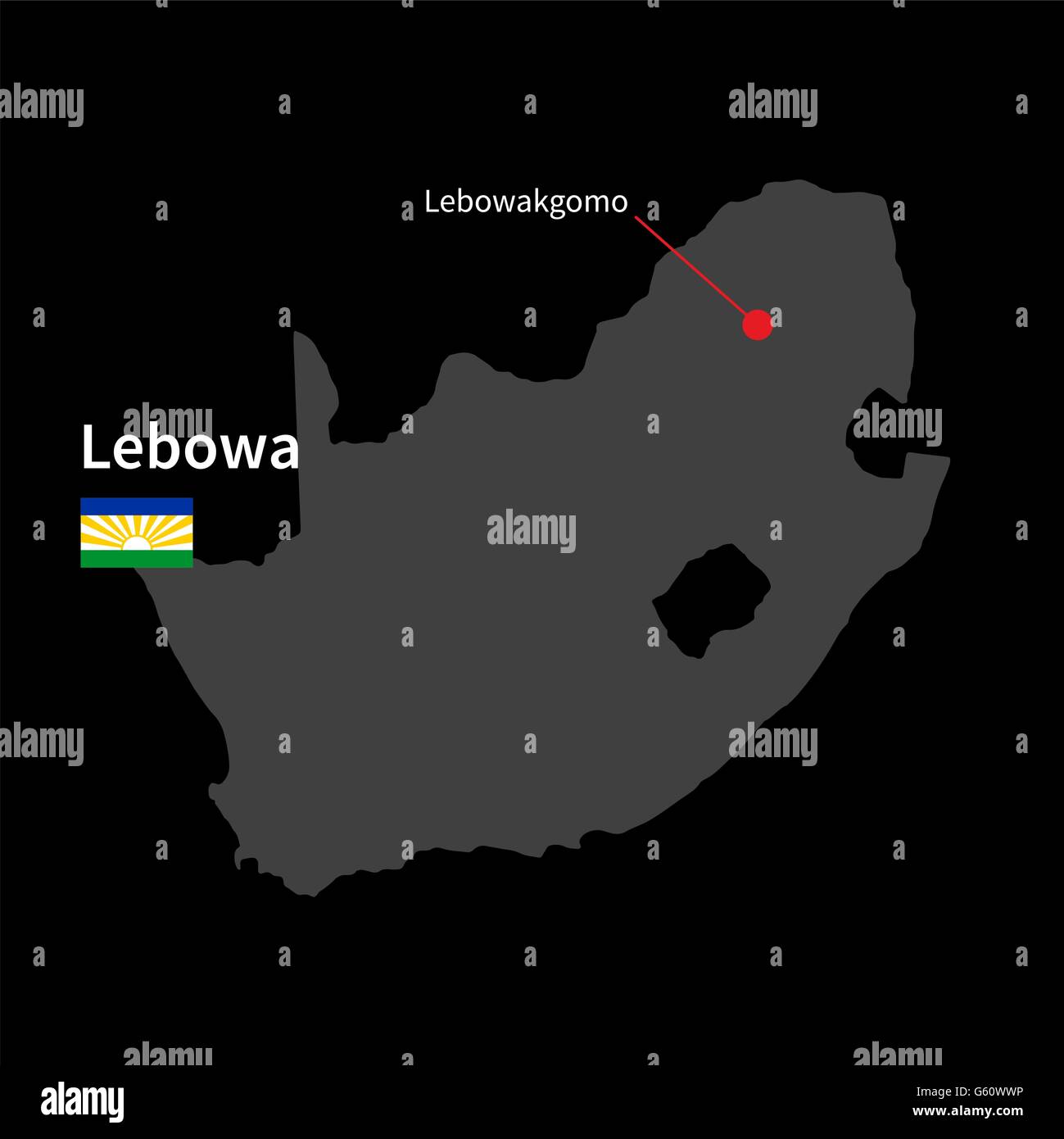 Detailed map of Lebowa and capital city Lebowakgomo with flag on black ...