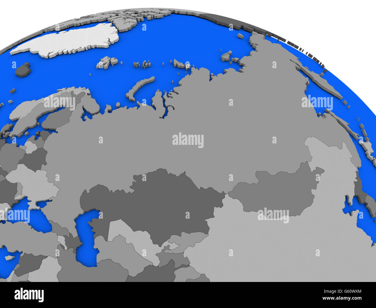 Map of Russia on 3D model of Earth with countries in various shades of ...