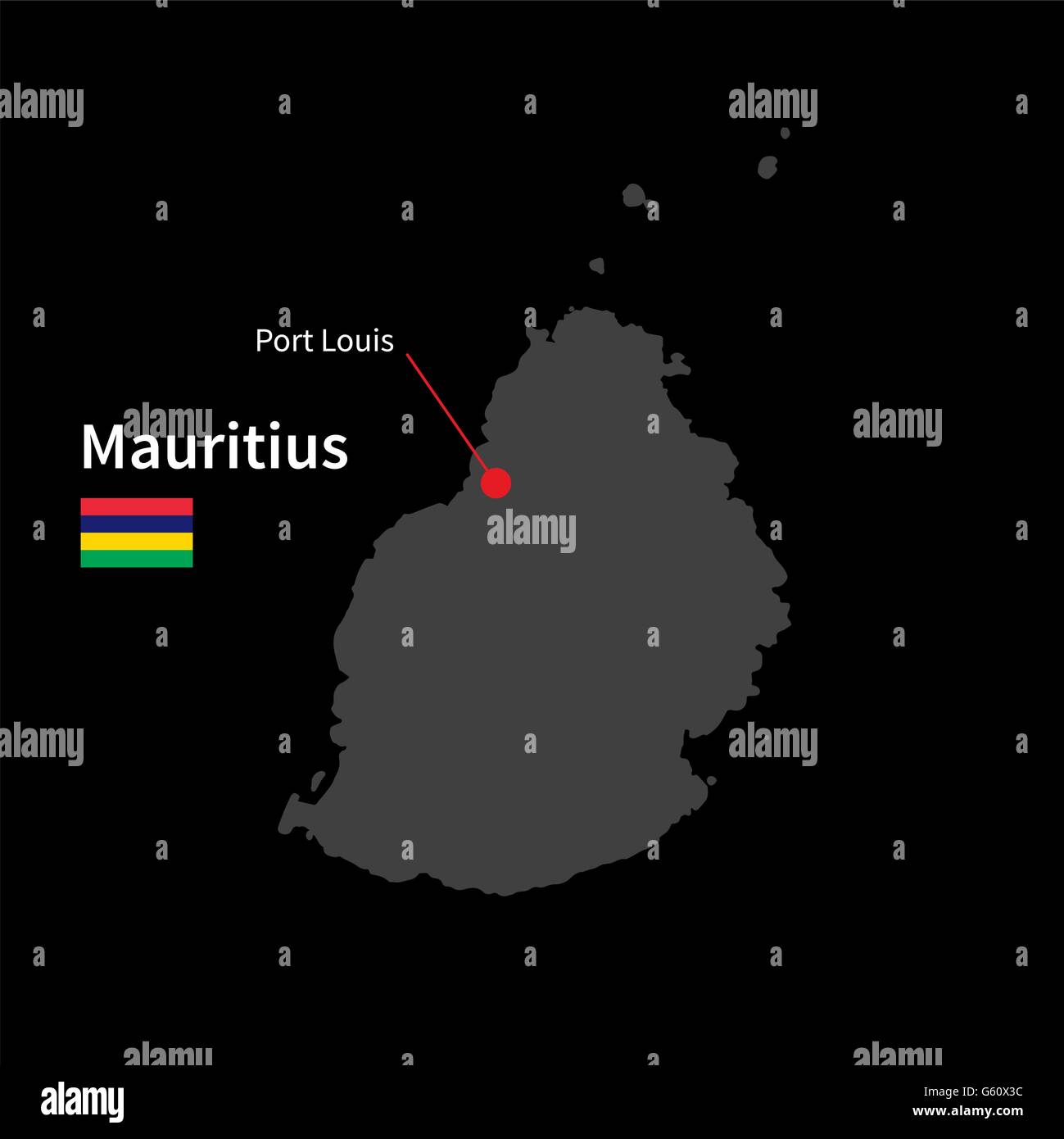 Detailed map of Mauritius and capital city Port Louis with flag on ...
