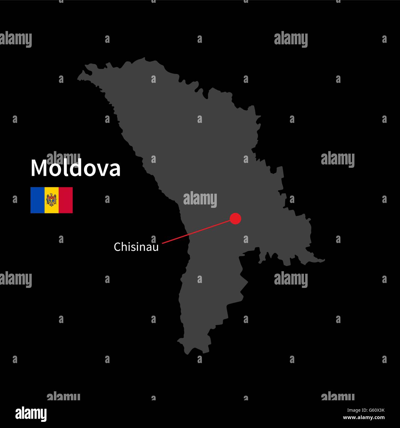 Detailed map of Moldova and capital city Chisinau with flag on black ...