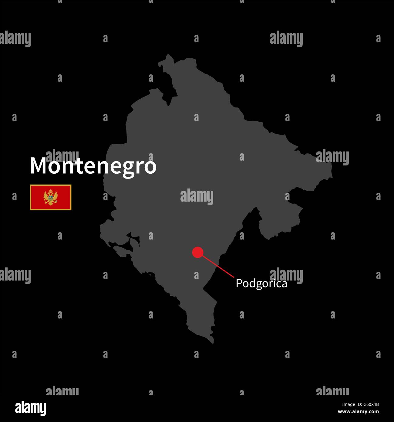 Detailed map of Montenegro and capital city Podgorica with flag on ...