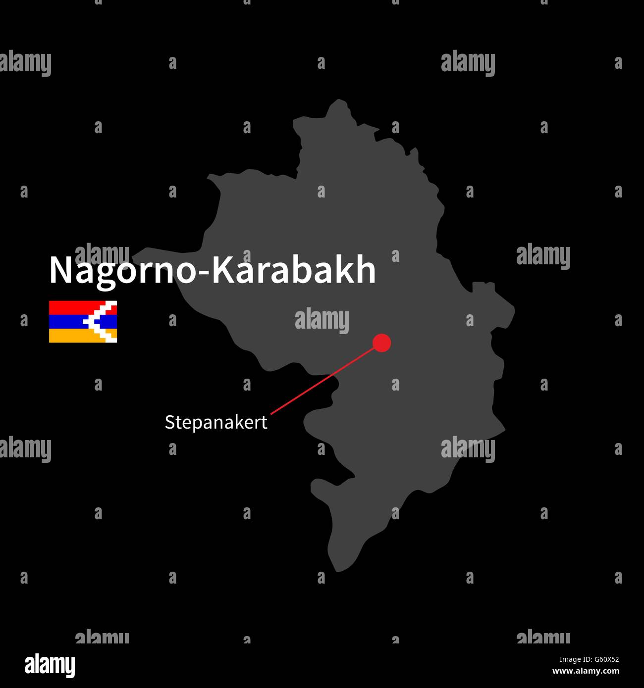 Detailed map of Nagorno-Karabakh and capital city Stepanakert with flag ...