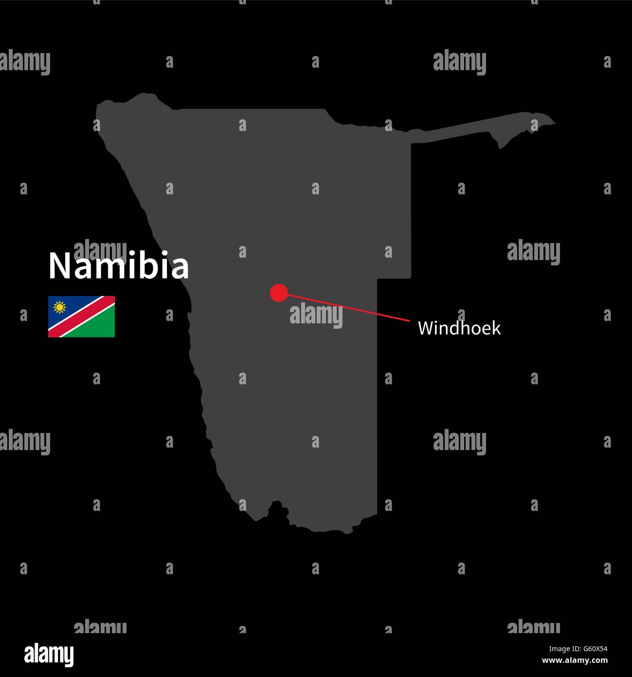 Detailed map of Namibia and capital city Windhoek with flag on black ...
