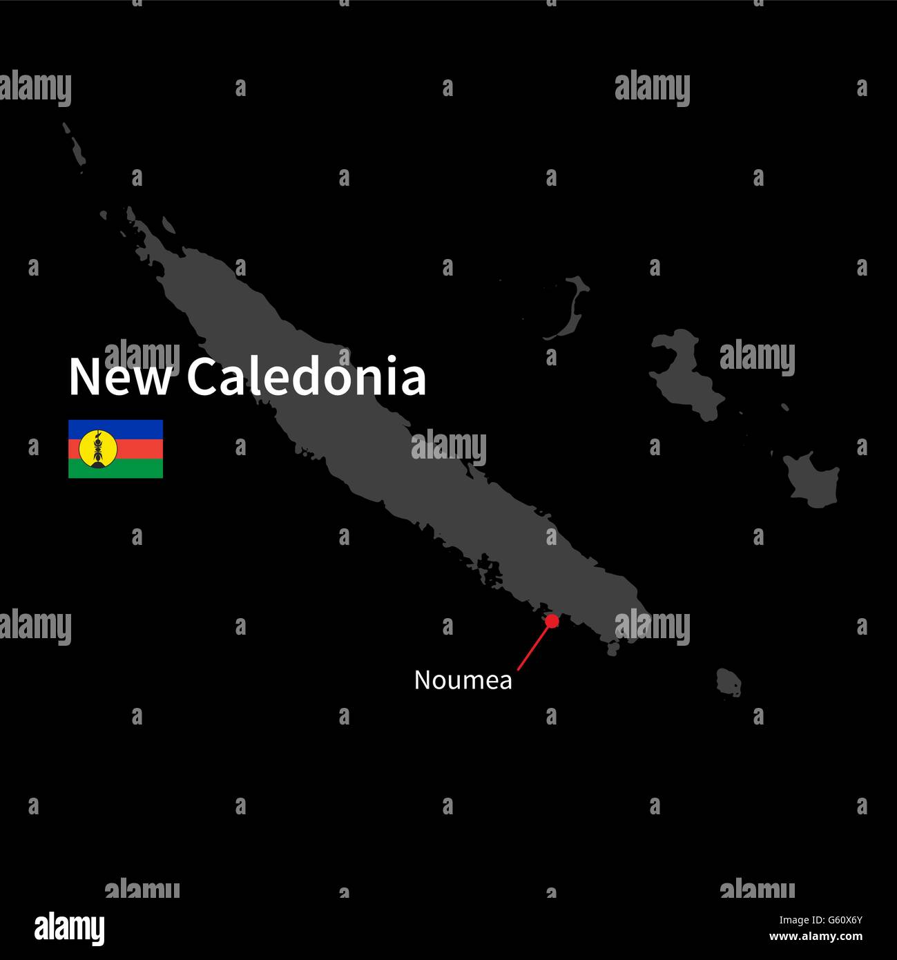 Detailed map of New Caledonia and capital city Noumea with flag on ...