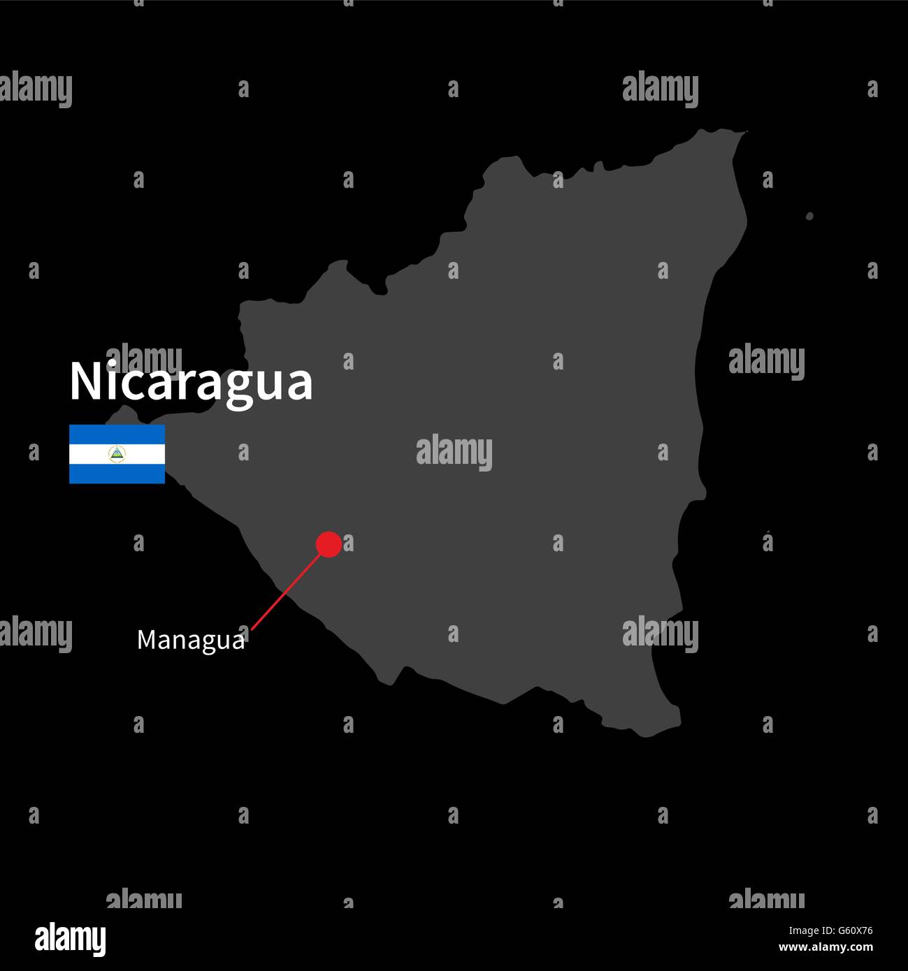 Detailed map of Nicaragua and capital city Managua with flag on black ...
