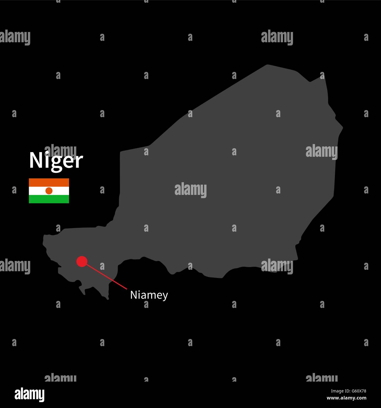 Detailed map of Niger and capital city Niamey with flag on black ...