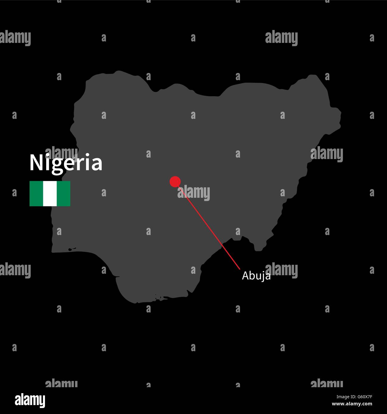 Detailed map of Nigeria and capital city Abuja with flag on black ...