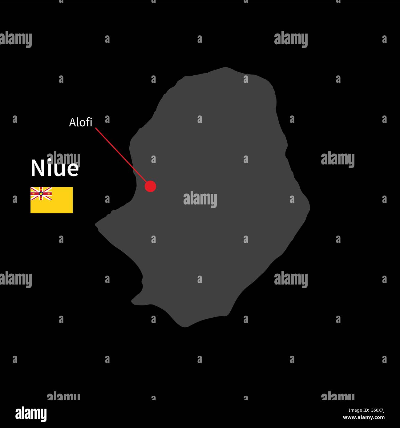 Detailed map of Niue and capital city Alofi with flag on black ...