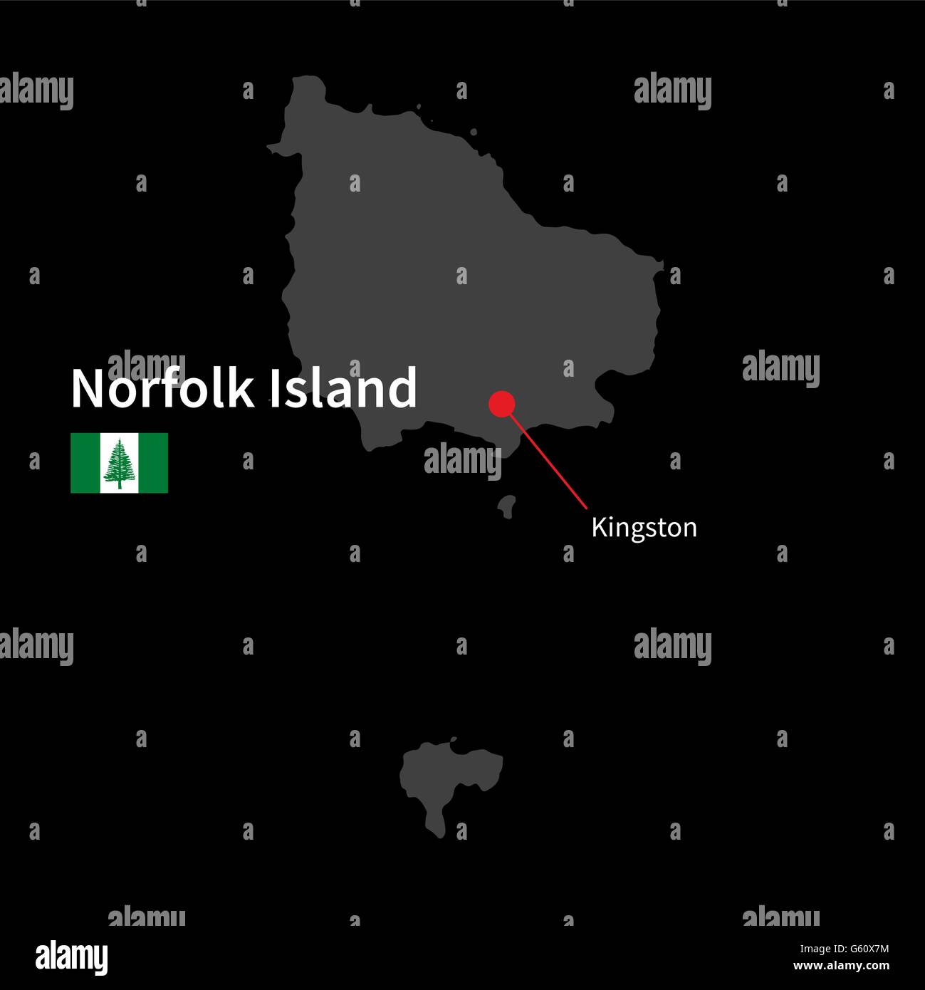 Detailed map of Norfolk Island and capital city Kingston with flag on ...