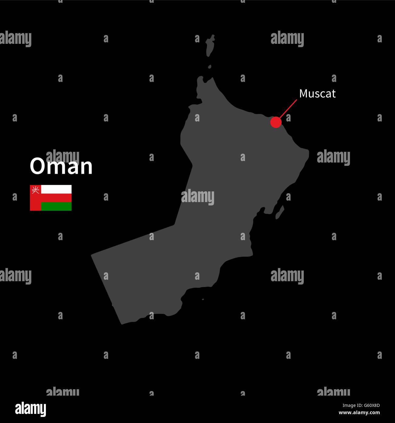 Detailed map of Oman and capital city Muscat with flag on black ...