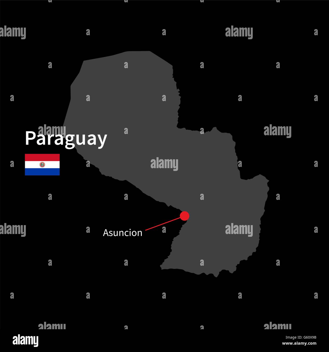 Detailed map of Paraguay and capital city Asuncion with flag on black ...