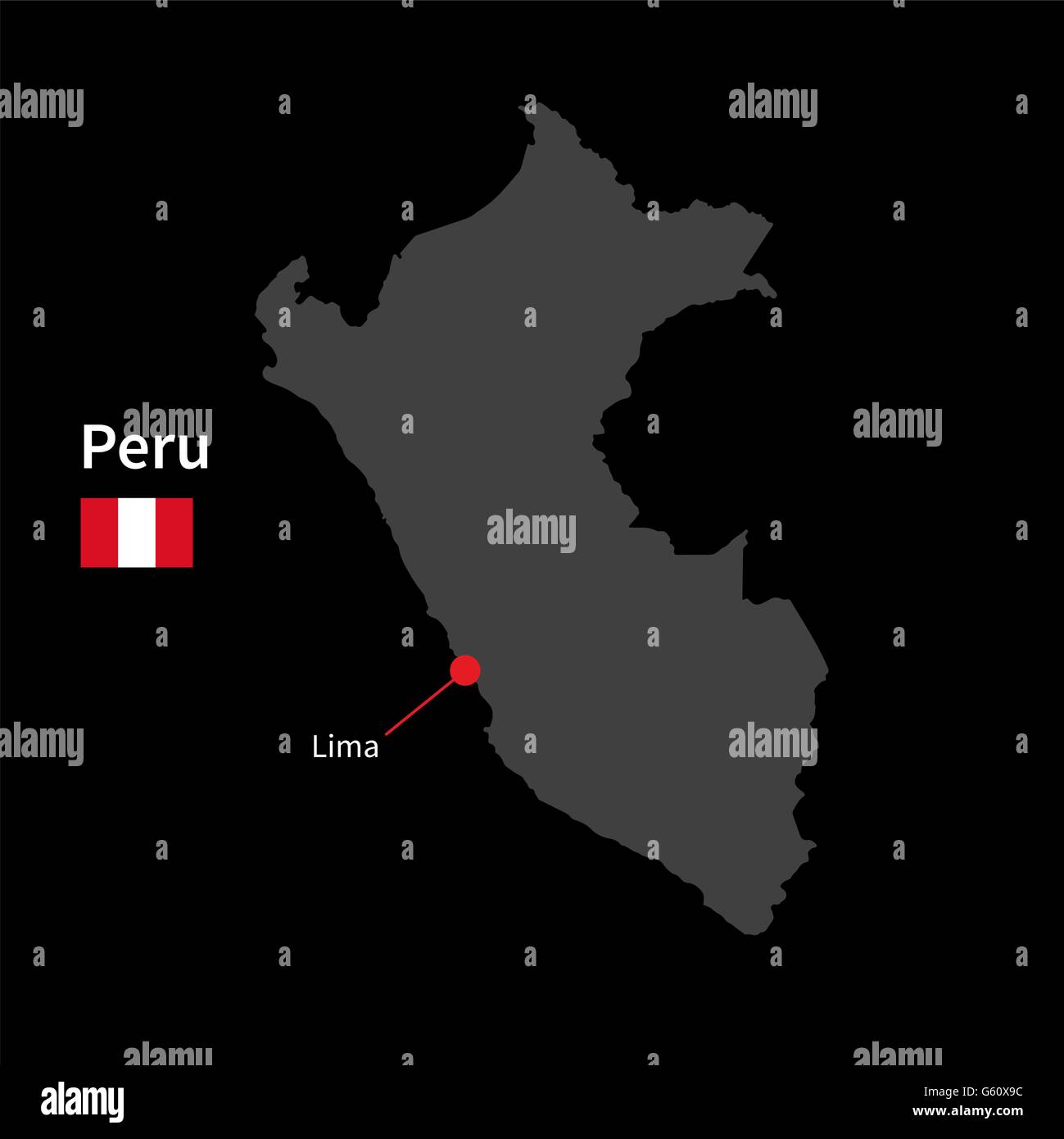 Detailed map of Peru and capital city Lima with flag on black ...