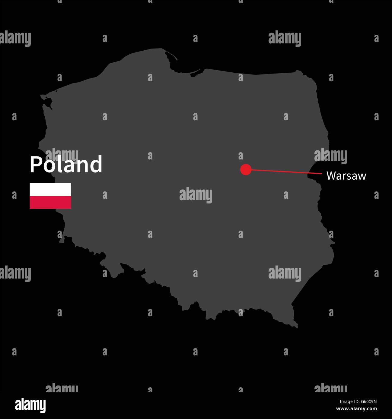 Detailed map of Poland and capital city Warsaw with flag on black ...