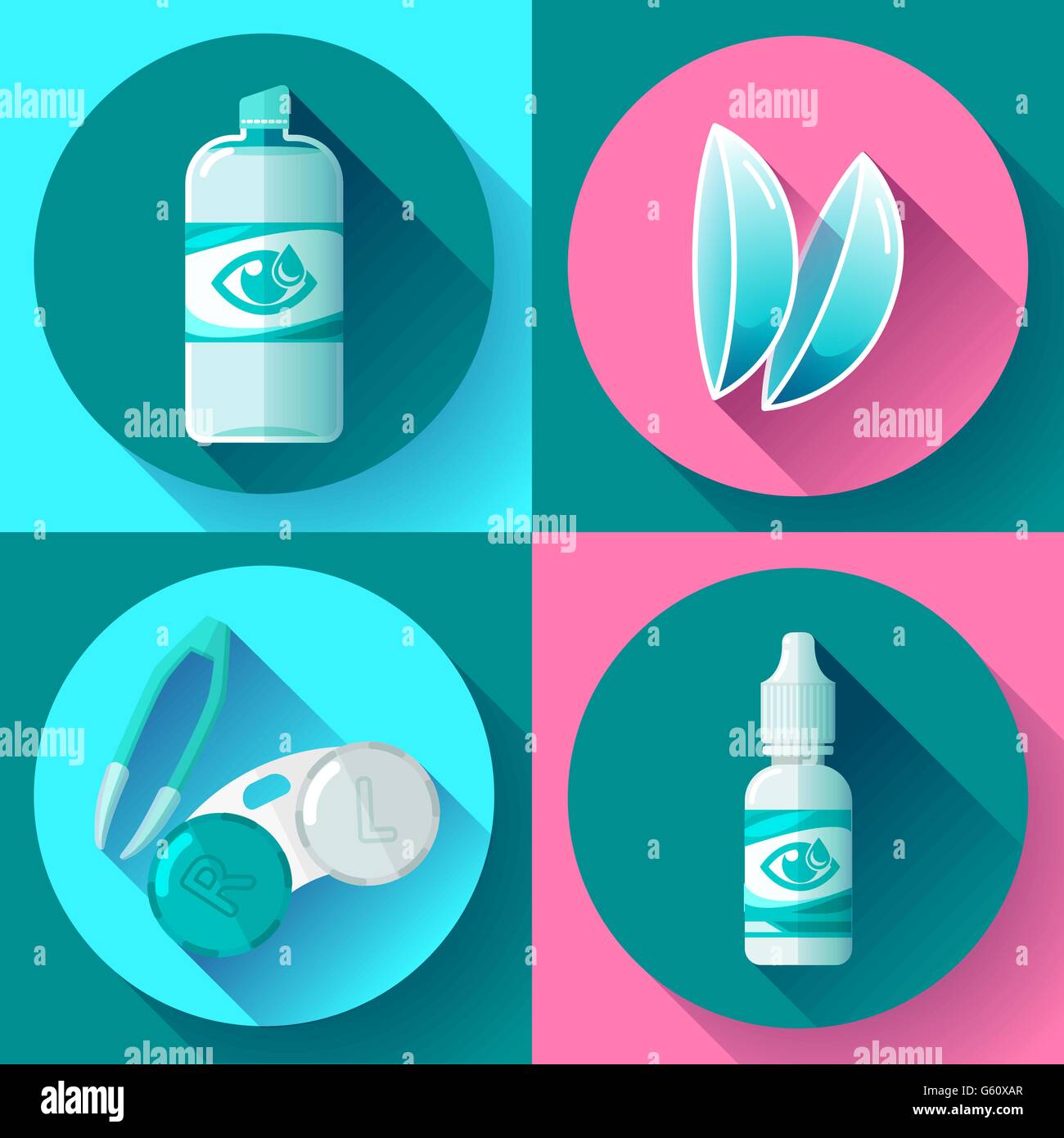 Contact lens, Container, daily solution, eye drops and tweezers icons ...