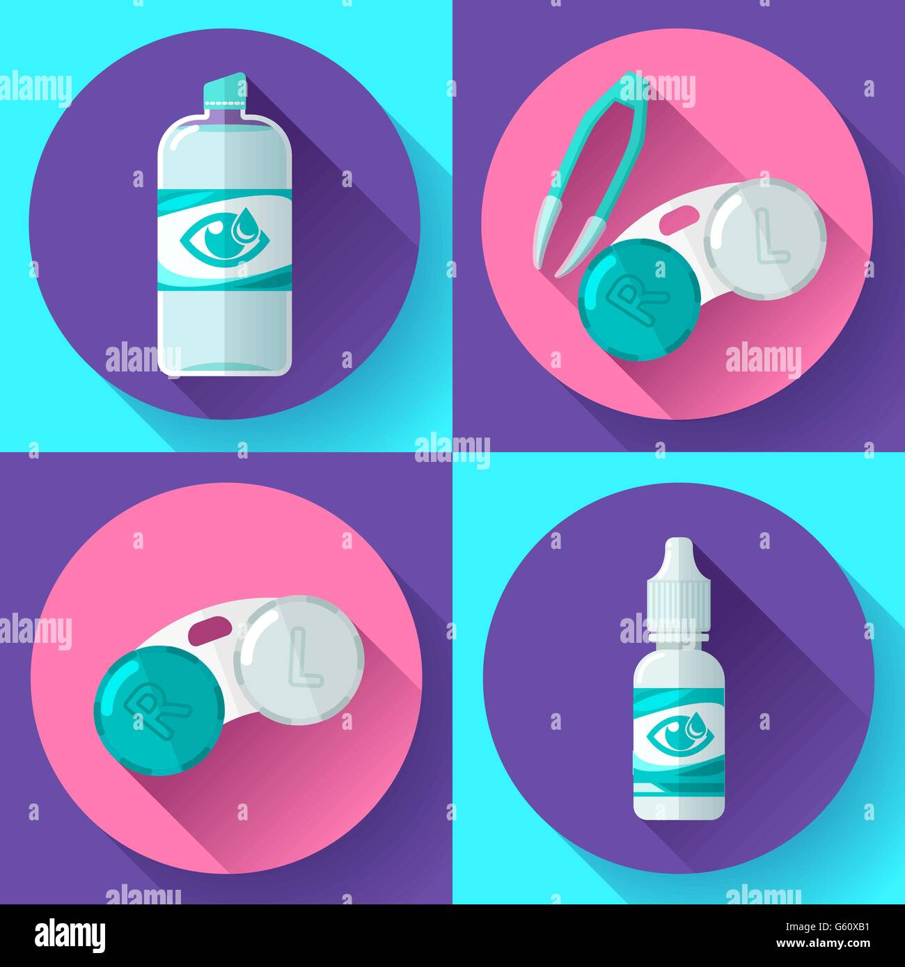 Contact lens Container, daily solution, eye drops and tweezers icons ...