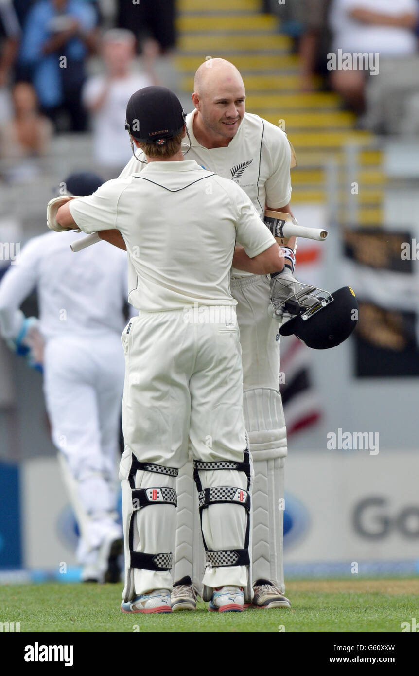 New Zealand's Peter Fulton (right) celebrates scoring his first ever ...