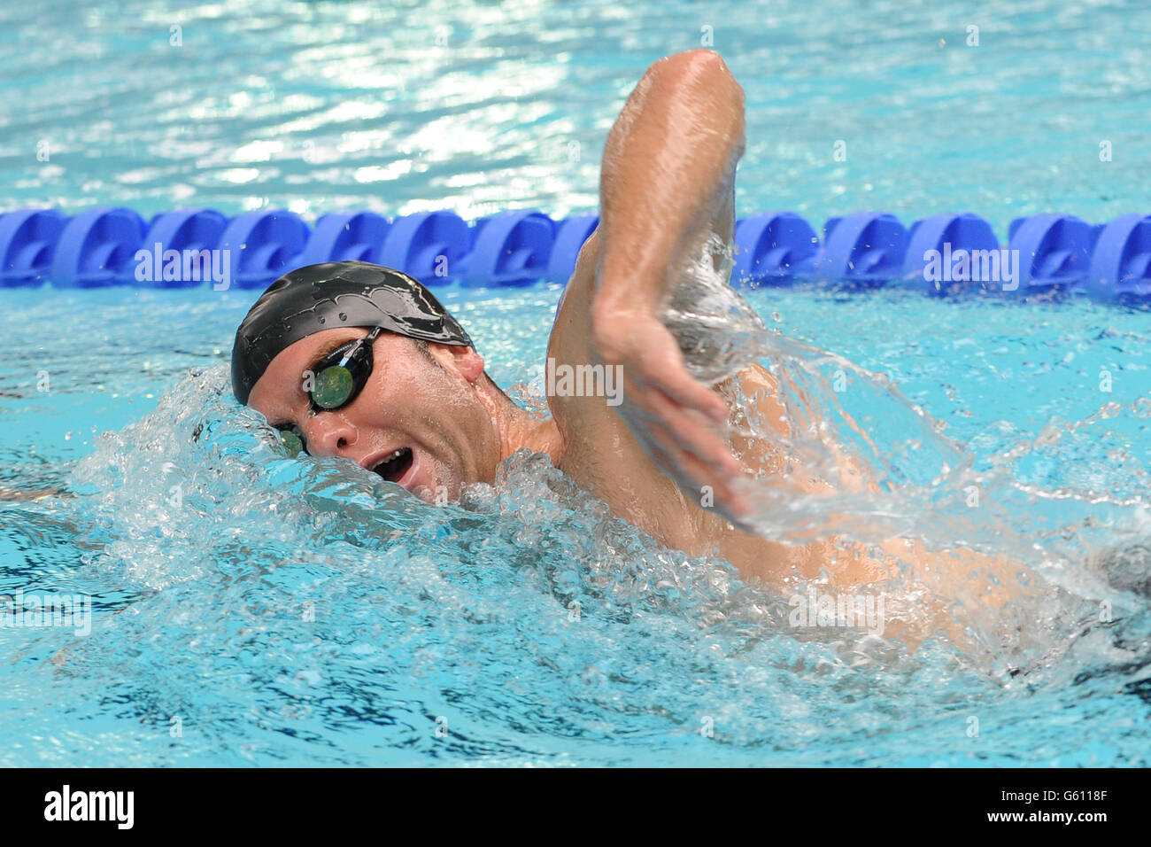 British athlete Adam Bowden trains in the pool at Loughborough ...